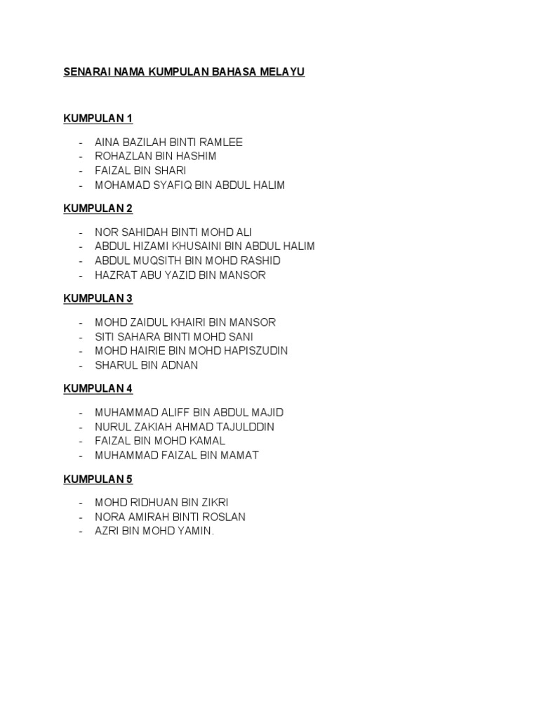 Senarai Nama Kumpulan Bahasa Melayu | PDF