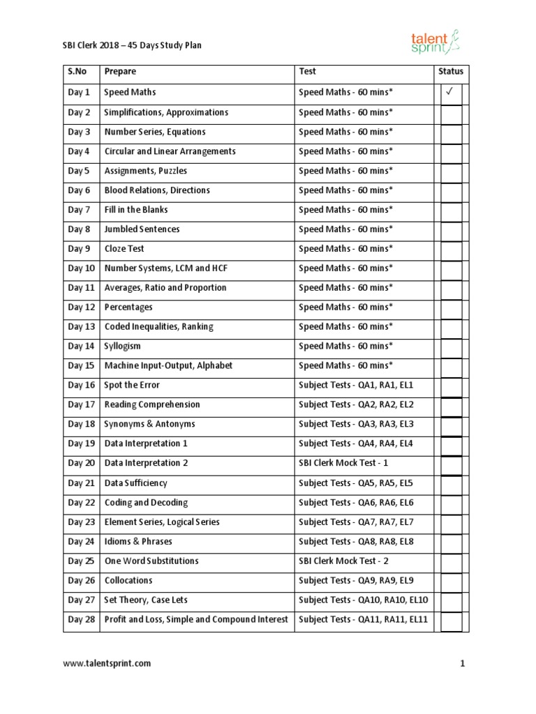 A 45-Day Intensive Study Plan for the SBI Clerk 2018 Exam with Daily ...
