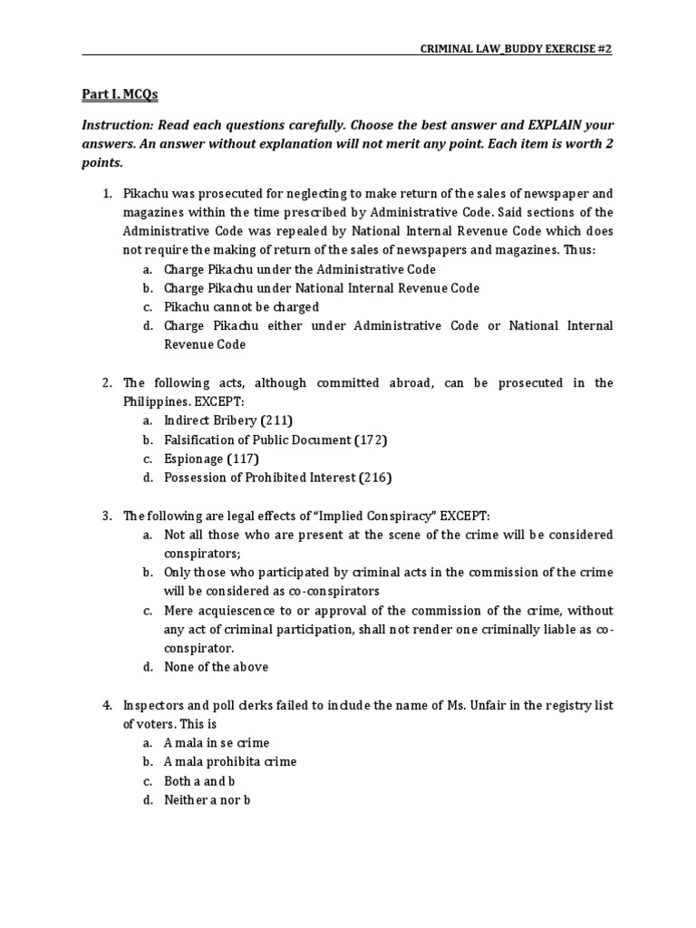 Criminal Law - Exercise | PDF | Crime & Violence | Crime Thriller