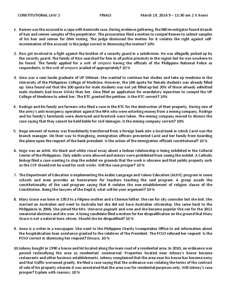 Constitutional Law 2 Sample Exam | Government | Politics
