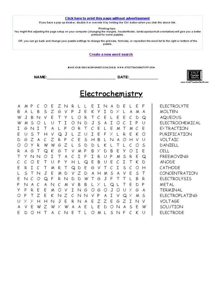 Electrochemistry Wordsearch | PDF | Physical Chemistry | Electrochemistry