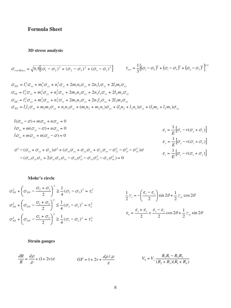 Formula Sheet: 3D Stress Analysis | Download Free PDF | Elasticity ...
