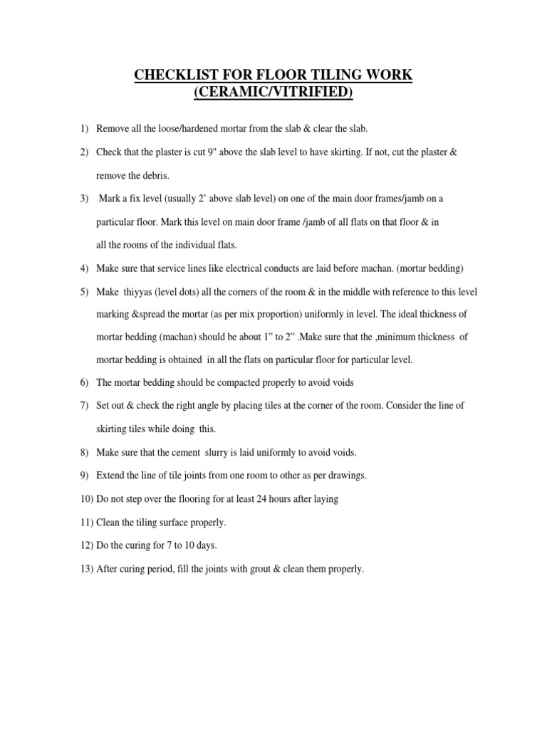 Floor Tiling Checklist Guide | PDF | Home & Garden
