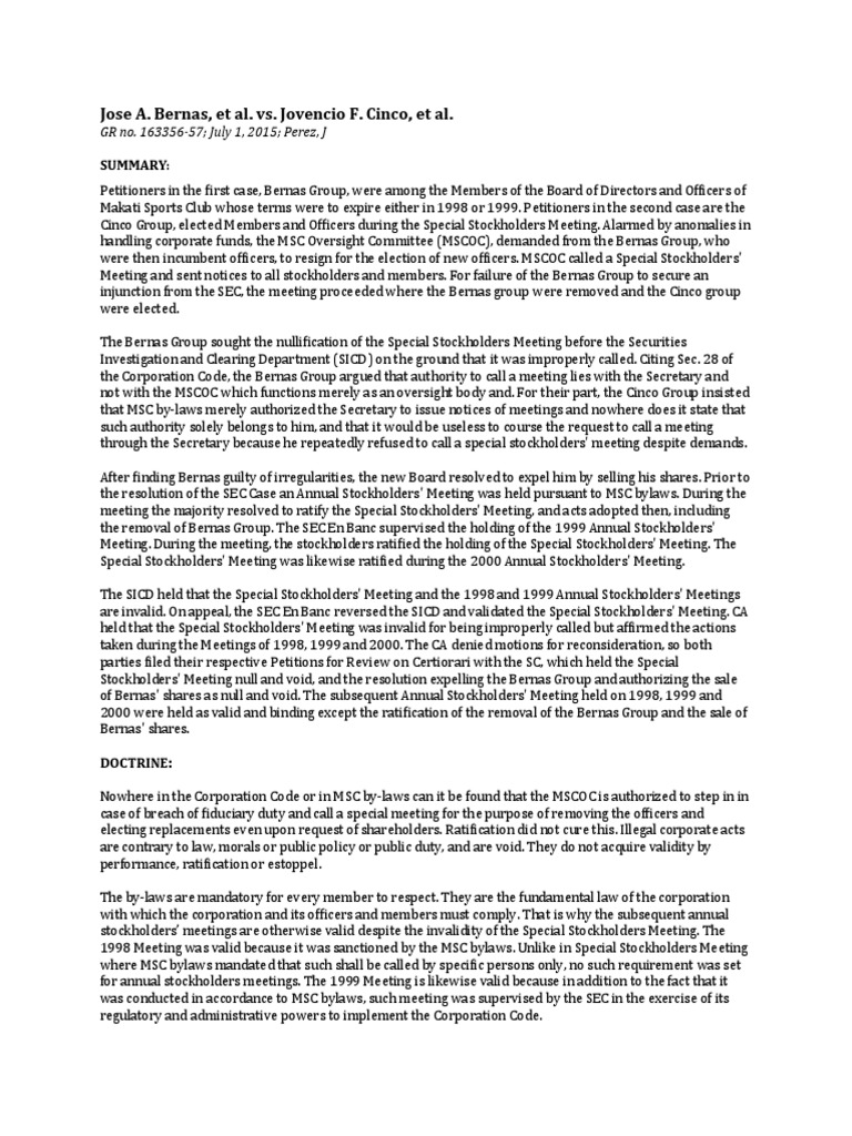 Jose A. Bernas, Et Al. vs. Jovencio F. Cinco, Et Al.: Summary | PDF ...