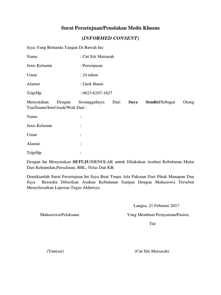 Surat Persetujuan/Penolakan Medis Khusus (Informed Consent) : Saya Sendiri/Sebagai | PDF