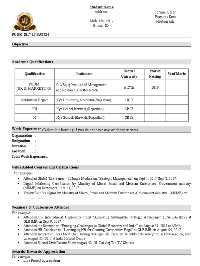 Resume Sample Format (Batch 2017-19) - 1 | PDF | Master Of Business ...