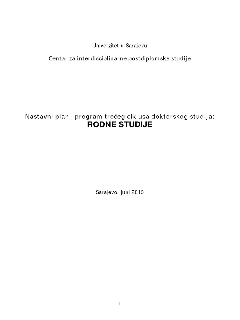 Nastavni Plan I Program Rodne Studije Doktorski Studij | PDF