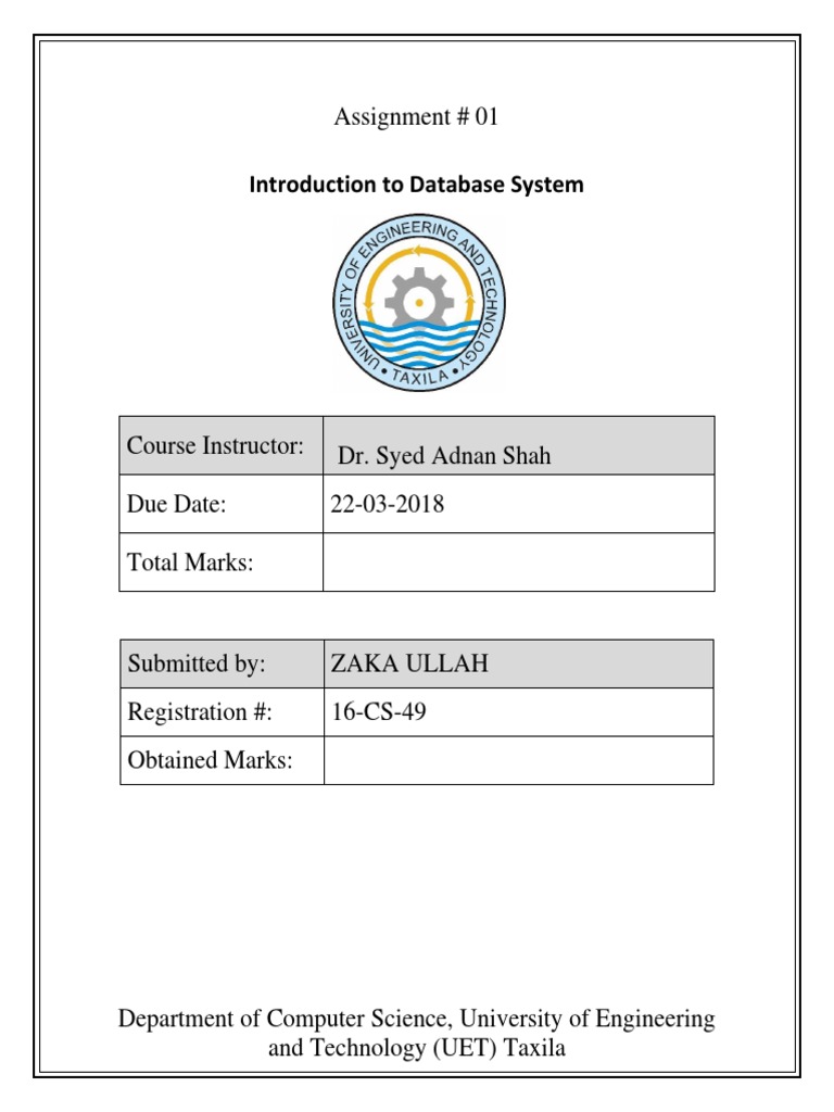 Assignment # 01: Introduction to Database System