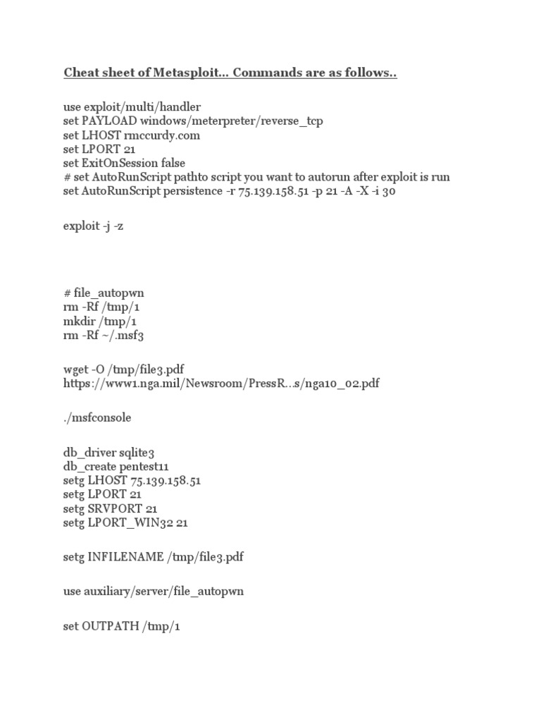 Cheat Sheet of Metasploit | PDF | Windows Registry | Computing Platforms