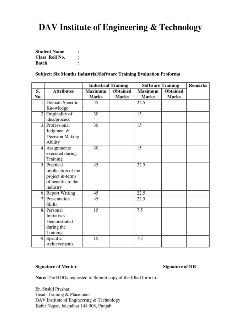 Evaluation Performa For Six Months Industrial Training HR | PDF | Technology & Engineering