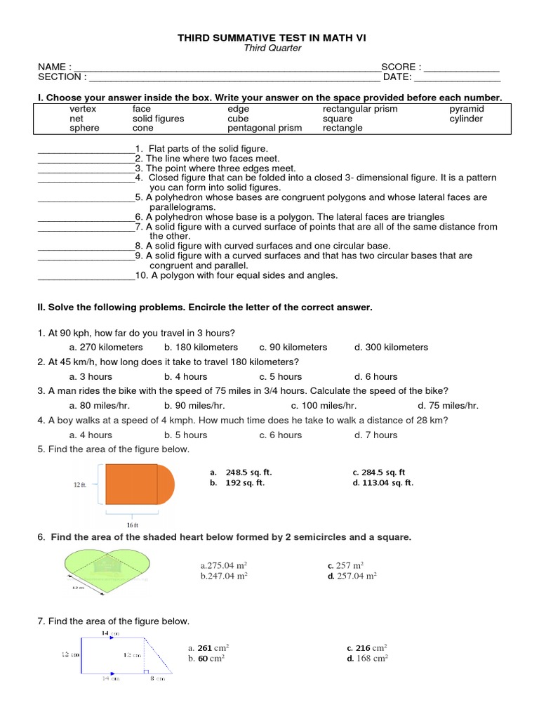 Third Summative Test in Math Vi - q3 | PDF | Area | Euclid