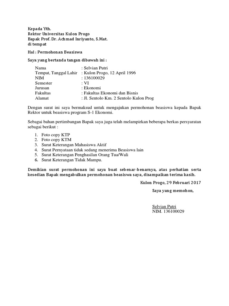 Contoh Surat Permohonan Beasiswa | PDF