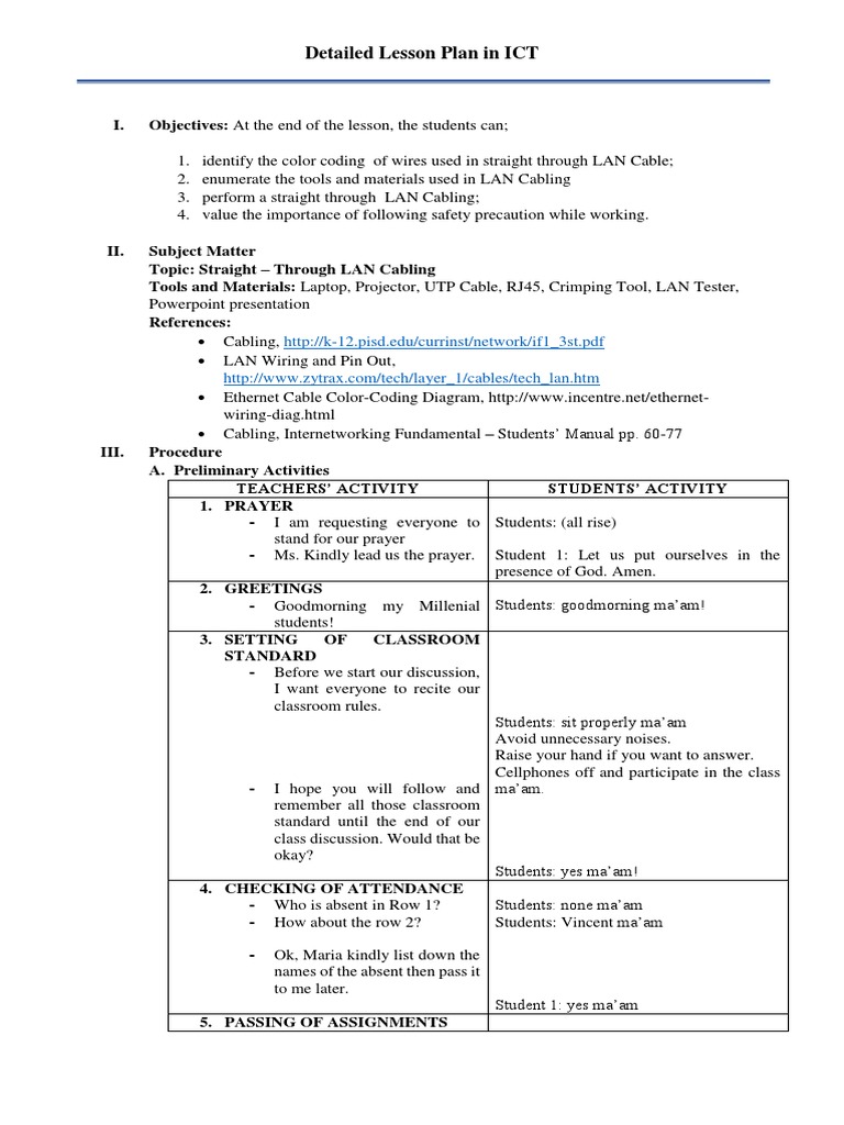 ICT Lesson Plan: LAN Cabling Basics | PDF | Electrical Connector ...