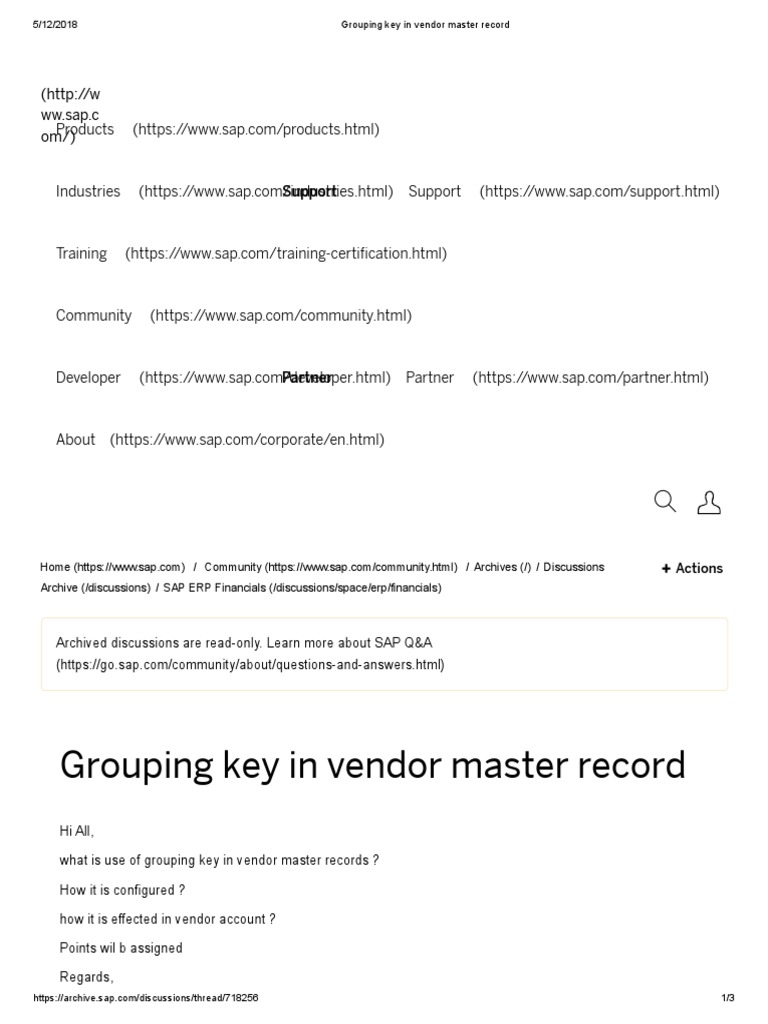 Grouping Key in Vendor Master Record | PDF | Business