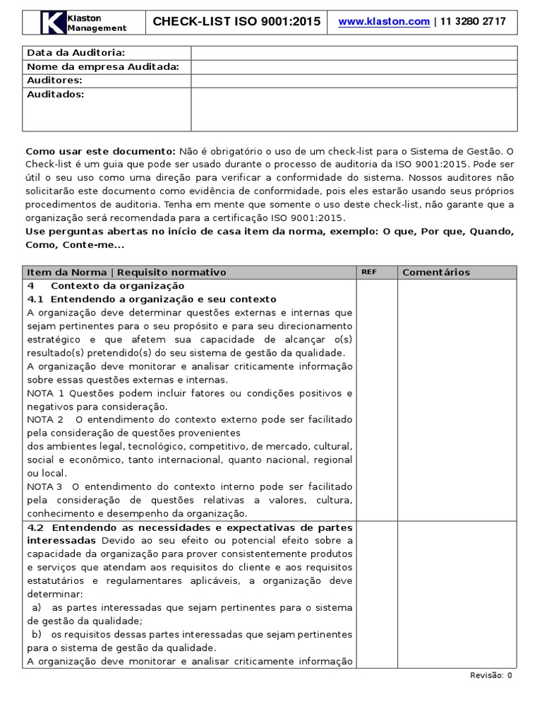 check-list-ISO-9001-2015 | Qualidade (Negócios) | Padronização