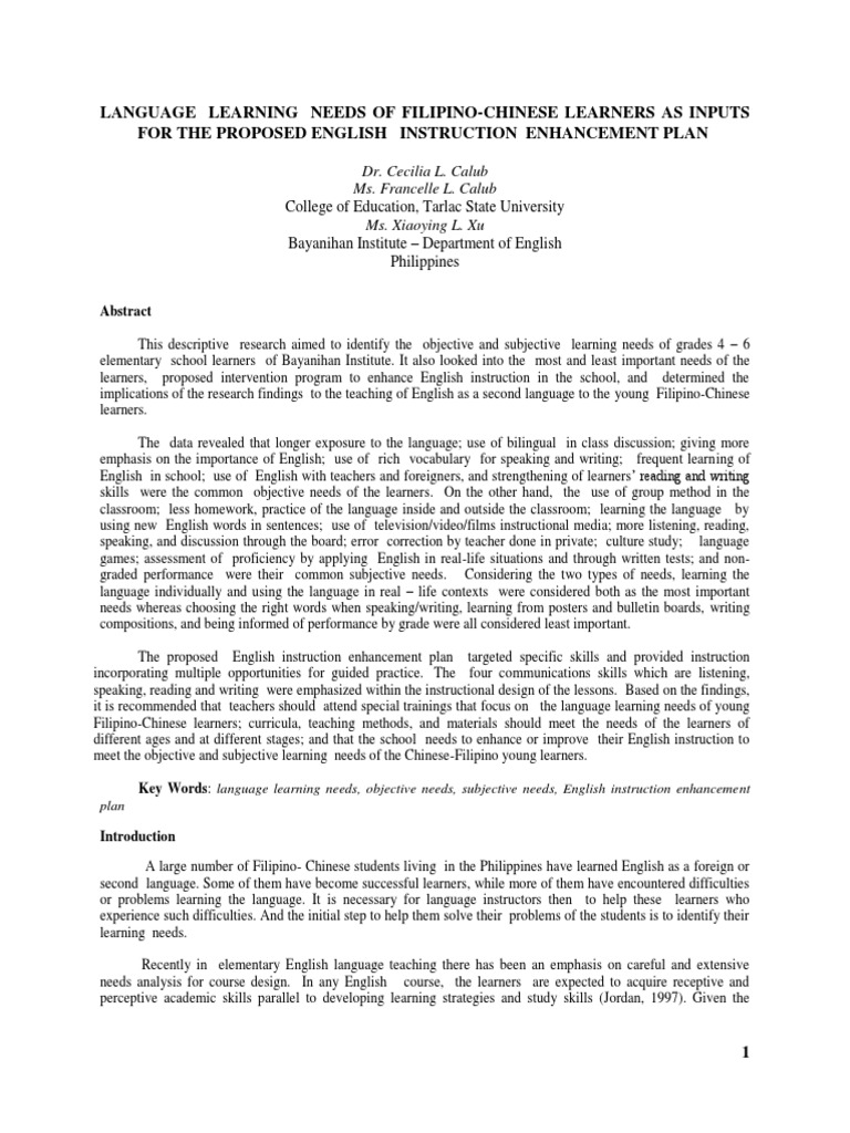 Language Learning Needs As Inputs For The Proposed English Instruction ...