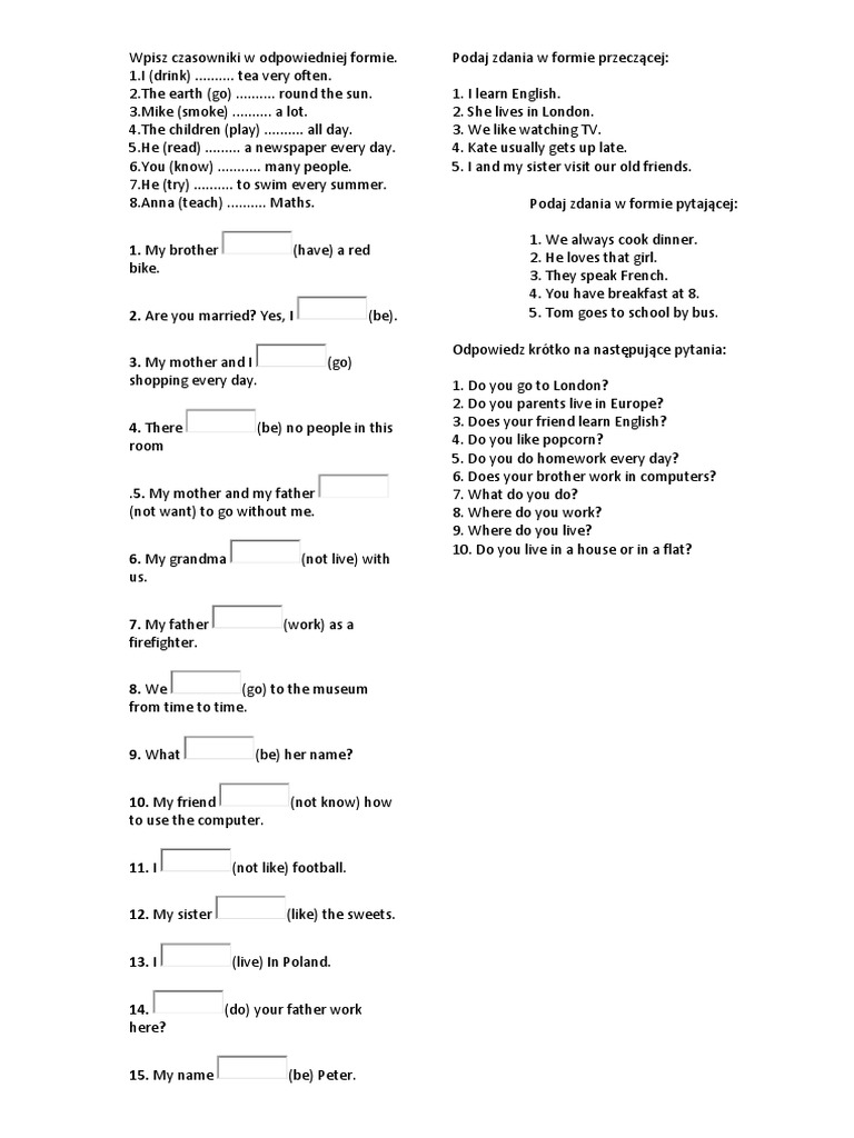 Wpisz Czasowniki W Odpowiedniej Formie | PDF