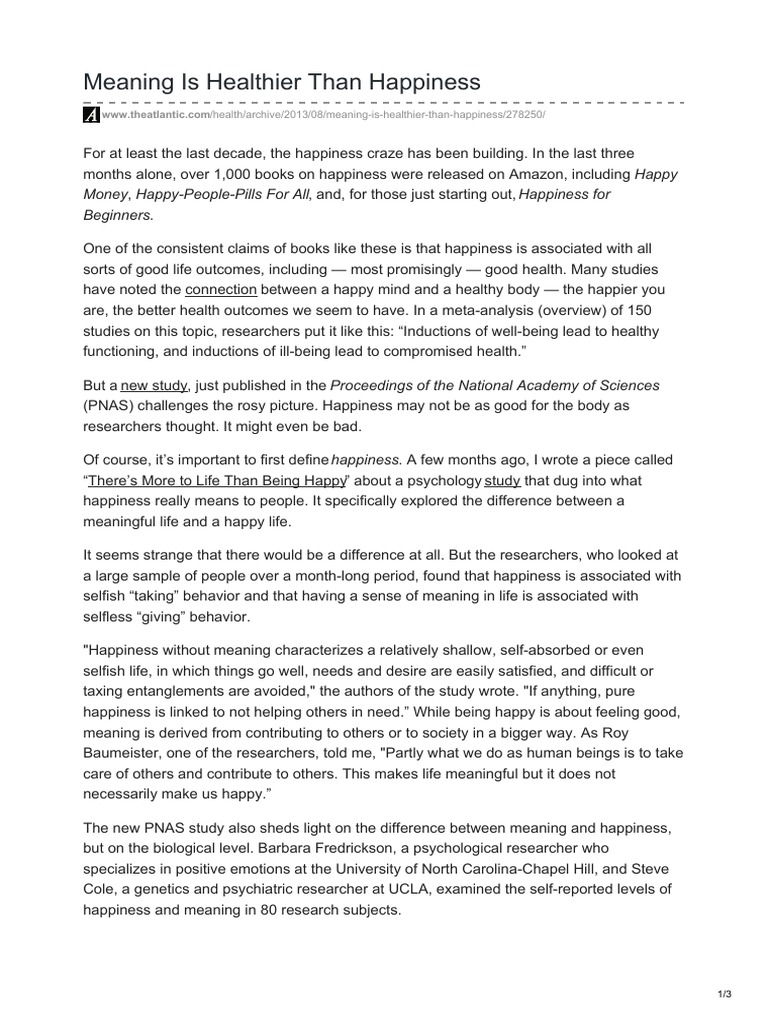 Meaning Is Healthier Than Happiness | PDF | Hedonism | Happiness