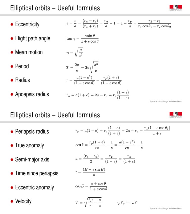 Elliptical Orbits - Useful Formulas | PDF