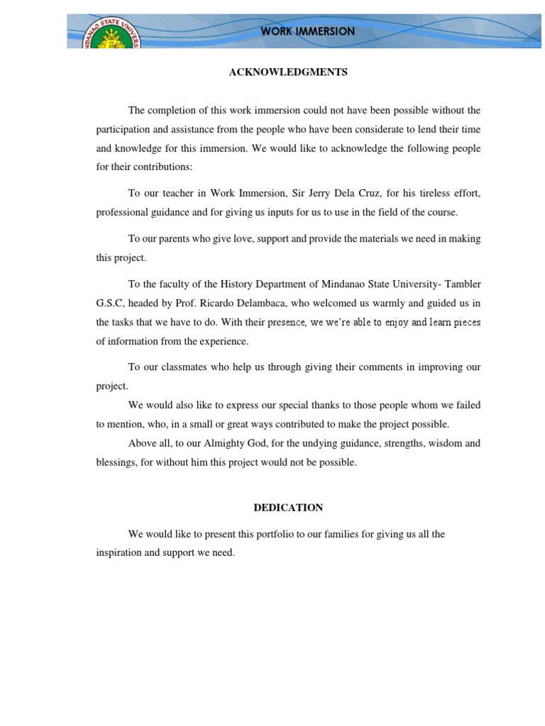 Acknowledging Contributions and Dedicating Efforts: A Work Immersion ...