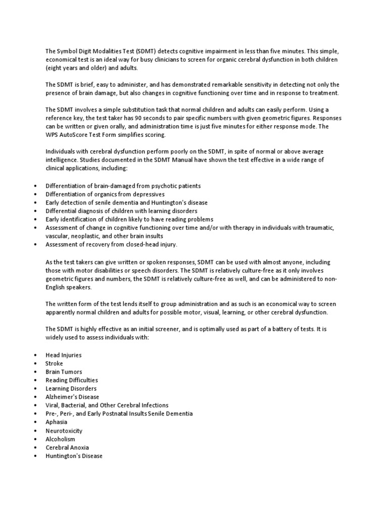 The Symbol Digit Modalities Test | PDF | Dementia | Human Diseases And ...
