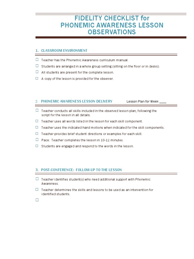 Fidelity Checklist For Pa Lessons | PDF