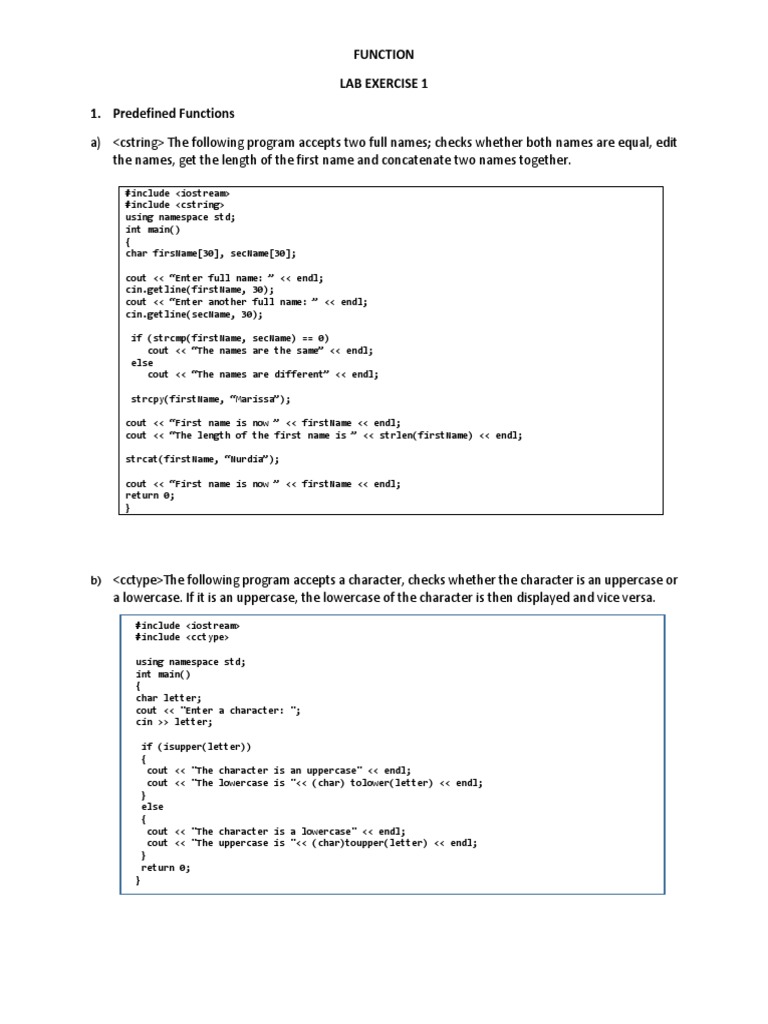 Function Lab Exercise 1 1 Predefined Functions Pdf Parameter Computer Programming
