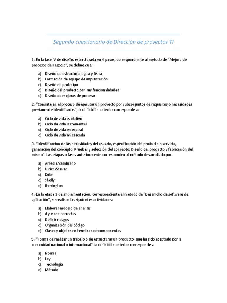 Segundo Cuestionario Dirección de Proyectos TI | PDF | Proceso de desarrollo de software | Software