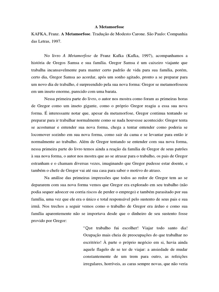 A Metamorfose - Resenha | PDF | A Metamorfose | Franz Kafka A Metamorfose - Resenha | PDF | A Metamorfose | Franz Kafka
