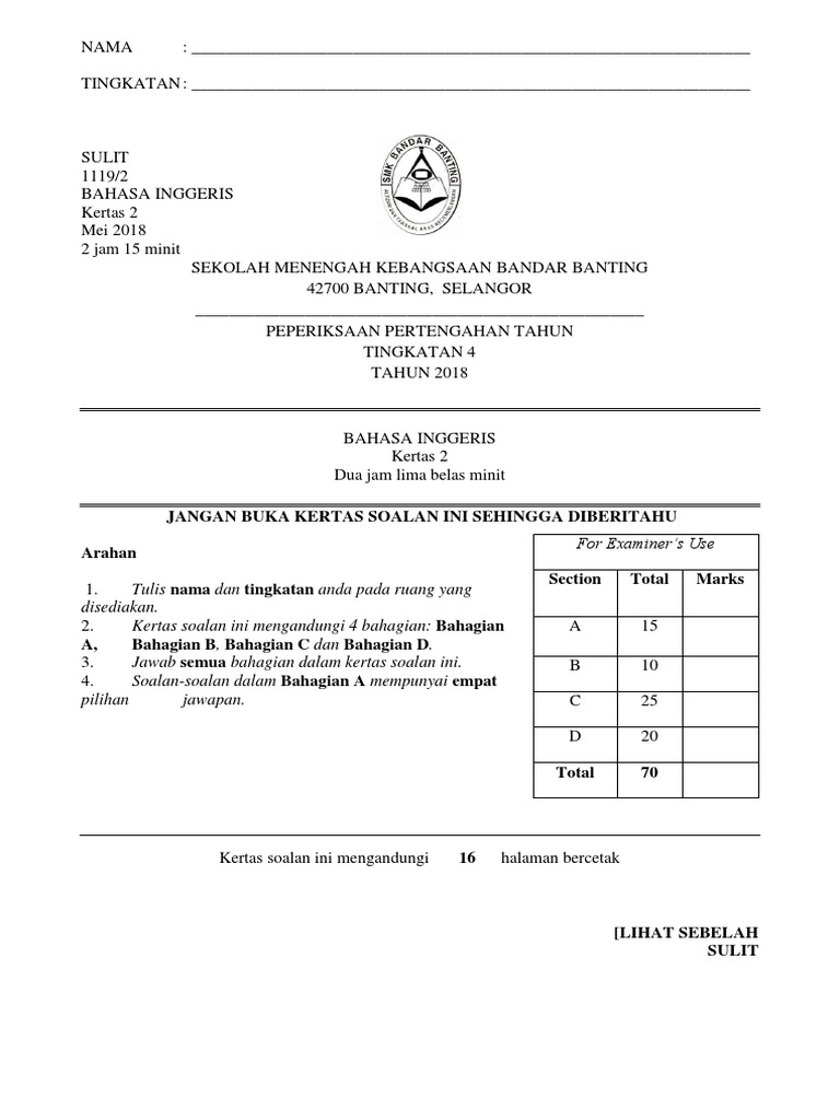 Contoh Soalan Bahasa Inggeris Paper 2 F4 | PDF