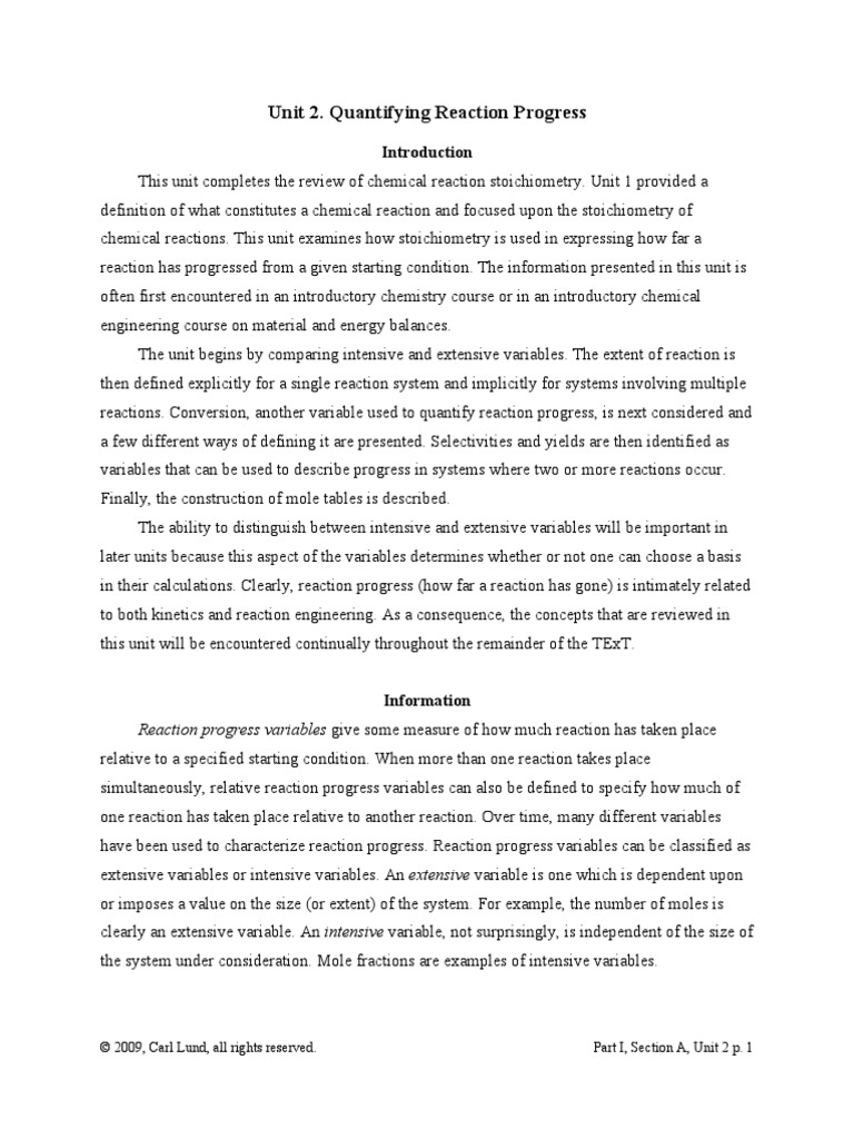Unit 2. Quantifying Reaction Progress: Reaction Progress Variables Give ...