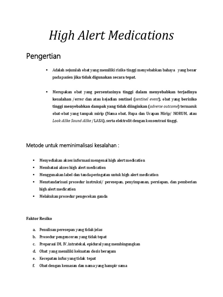 Ringkasan High Alert Medications | PDF | Pharmacology | Medical Treatments