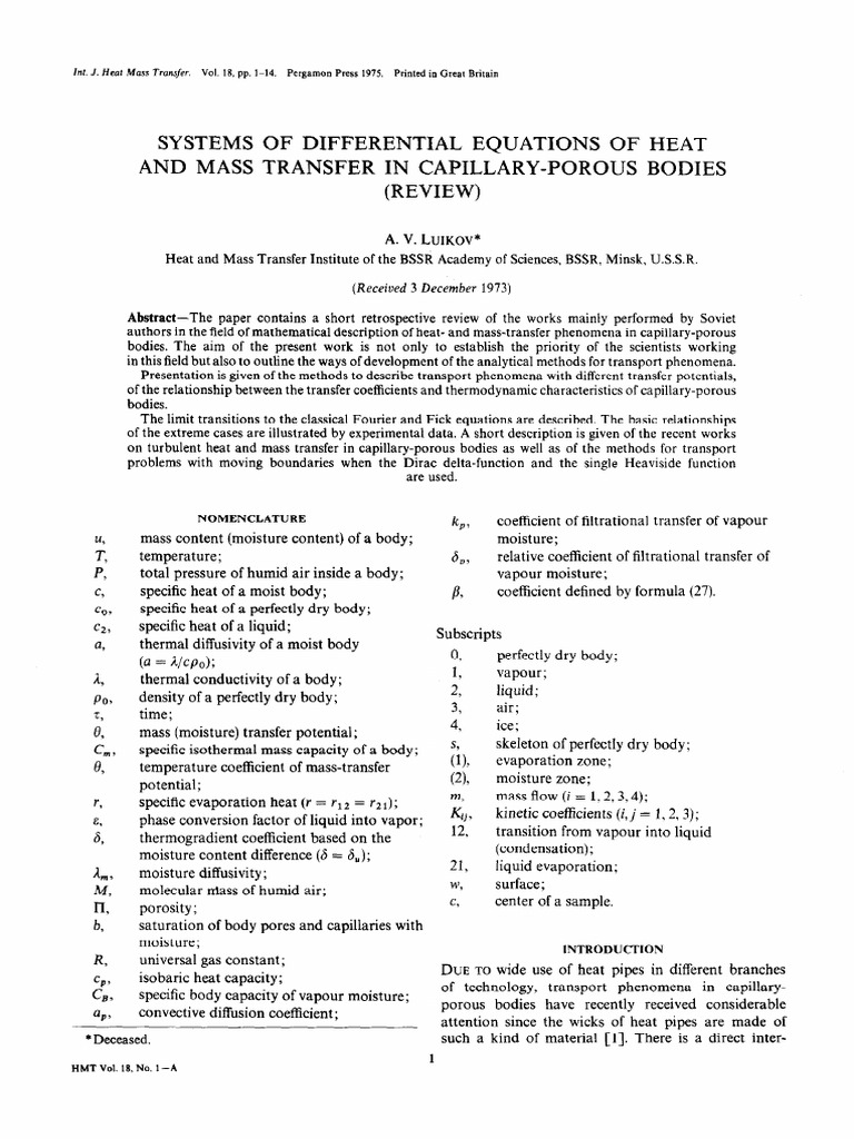 Systems of Differential Equations for Heat and Mass Transfer in Porous ...