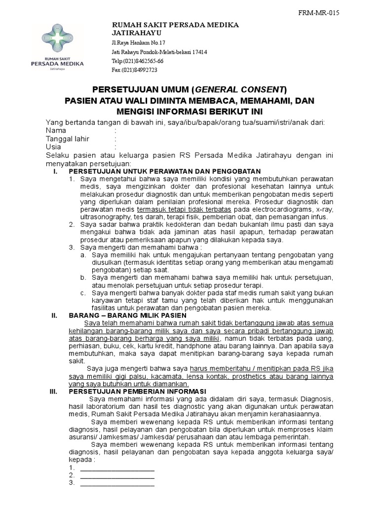 Formulir Status Rekam Medis/Formulir Rawat Inap/Formulir General ...