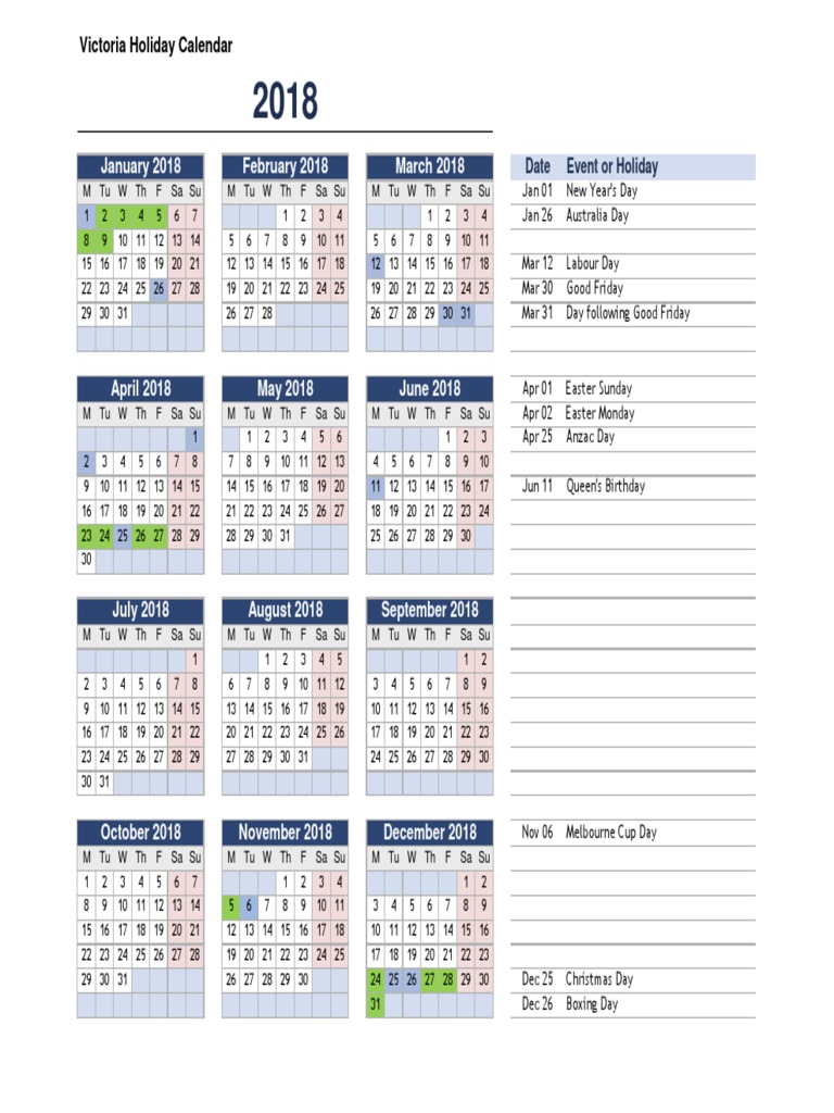 Victoria 2018 Holiday Calendar | PDF | Easter | Christian Festivals And ...