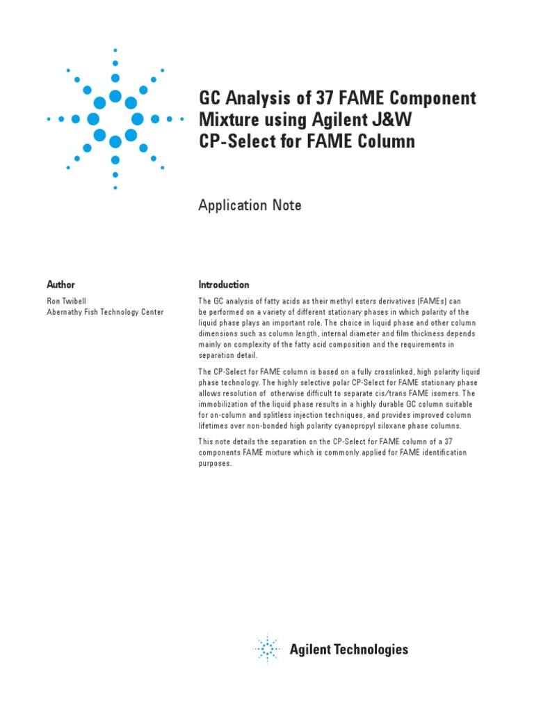 GC Analysis of 37 FAME Component Mixture Using Agilent J&W CP-Select ...