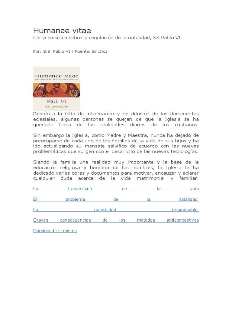 Esquema Humanae Vitae | PDF | Iglesia Católica | Líder religioso