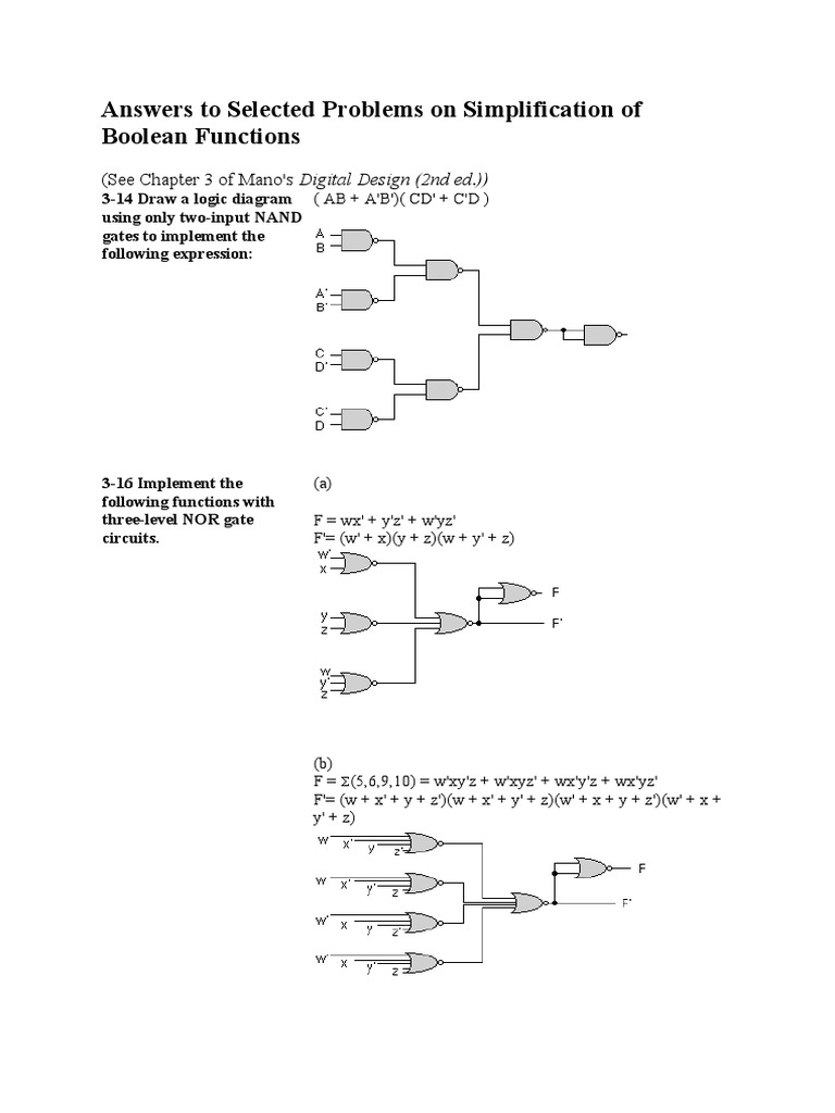 Answers To Selected Problems On Simplification Of Boolean Functions Pdf Theoretical Computer