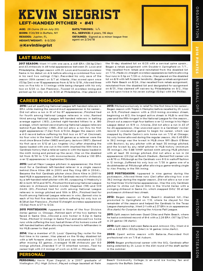 Kevin Siegrist Bio | PDF | Pitcher | Major League Baseball Teams