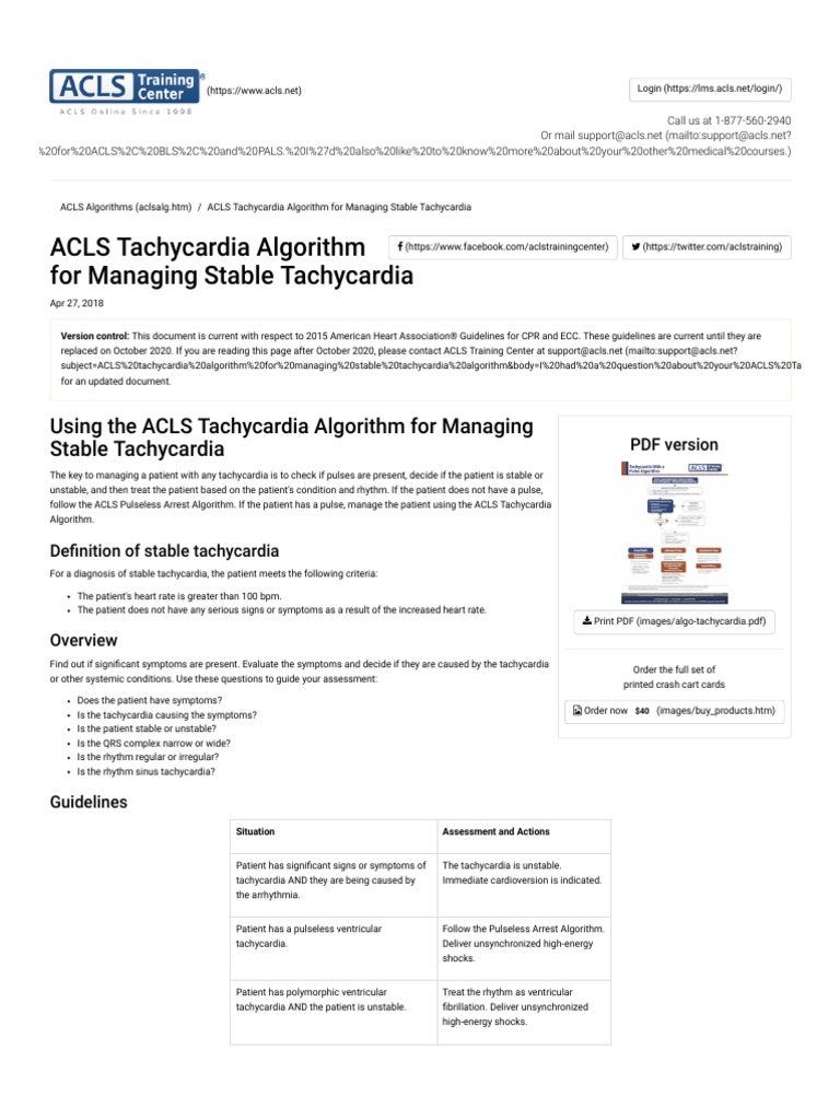 ACLS Tachycardia Algorithm for Managing Stable Tachycardia (1 ...