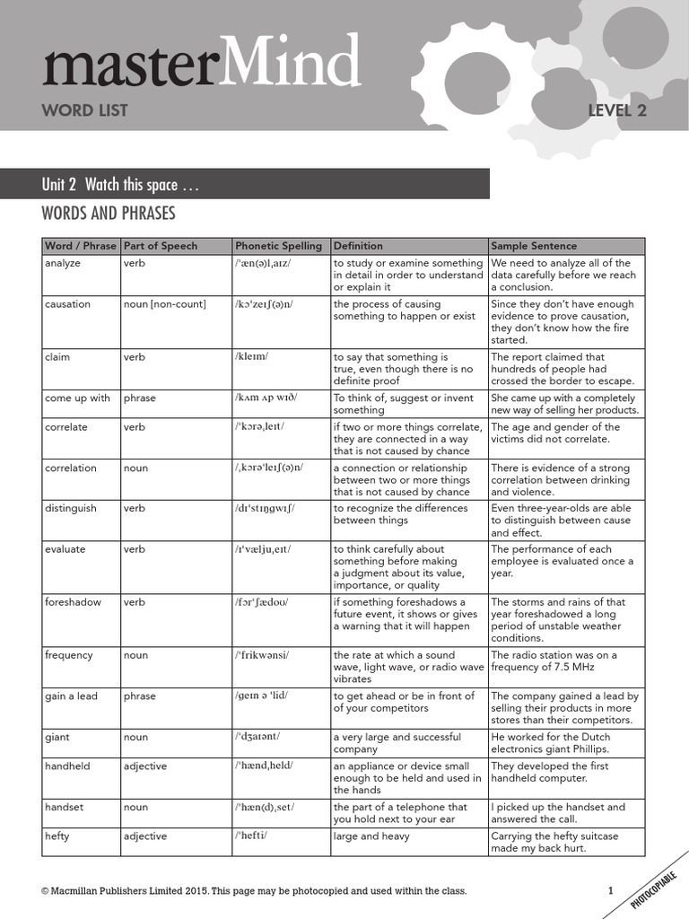 MasterMind 2 Unit 2 Wordlist | PDF | Verb | Noun