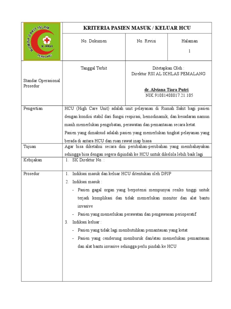 Spo Kriteria Pasien Keluar Masuk Hcu | PDF