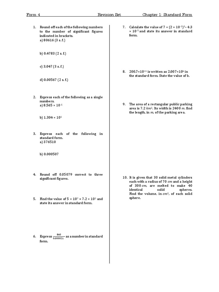 Significant Figures and Standard Form Exercises | PDF
