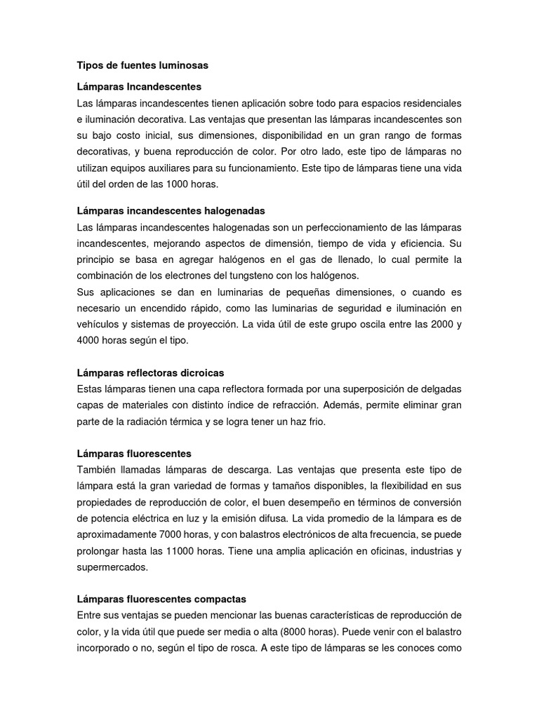 Guía de Tipos de Lámparas Luminosas | PDF | Encendiendo | Bombilla incandescente