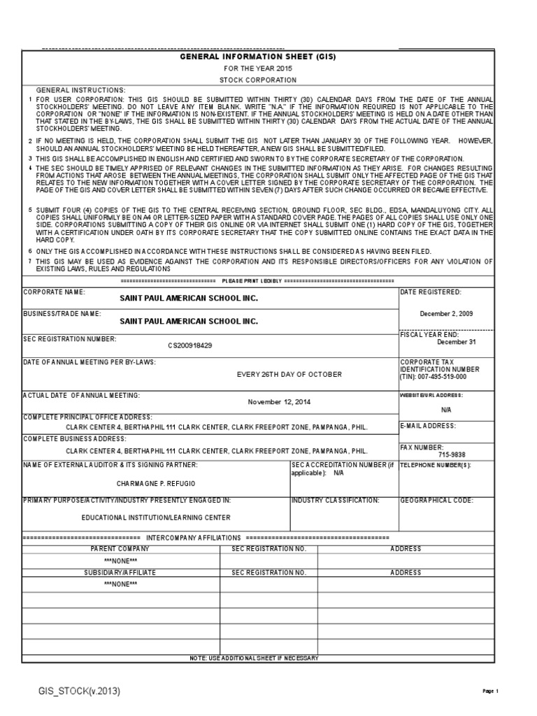 General Information Sheet (Gis) : Stock Corporation General ...