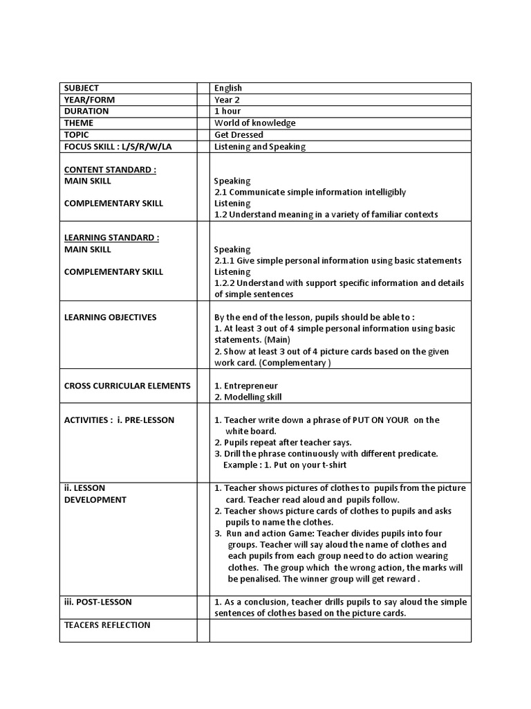 Lesson Plan Unit 7 Get Dress | PDF | Lesson Plan | Pedagogy