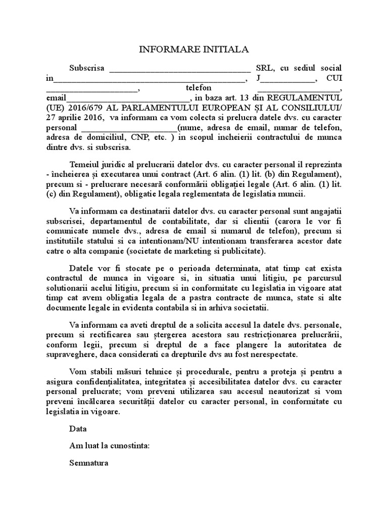Informare Initiala Angajati Model 1 | PDF
