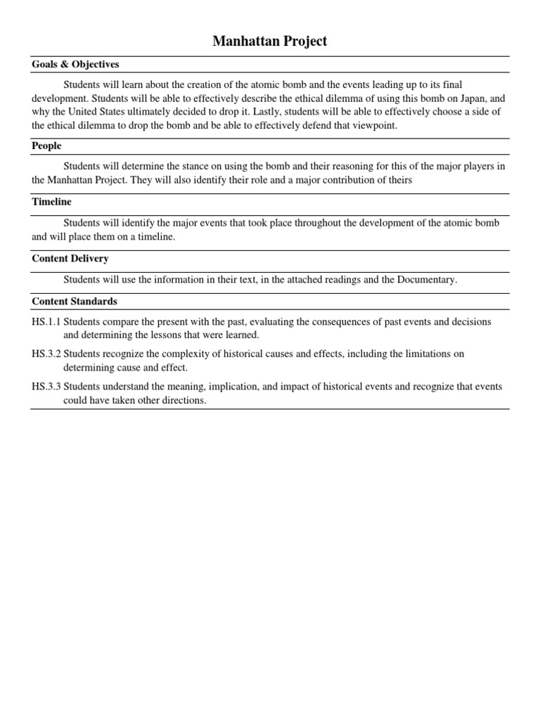 Manhattan Project: Goals & Objectives | PDF