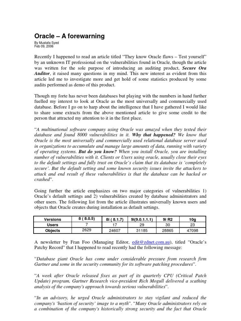 Oracle - A Forewarning | PDF | Oracle Database | Oracle Corporation