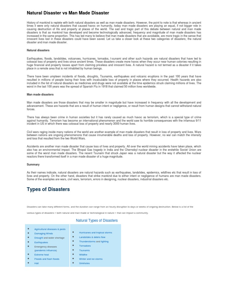 Natural Disaster Vs Man Made Disaster | PDF | Traffic Collision | Hazards